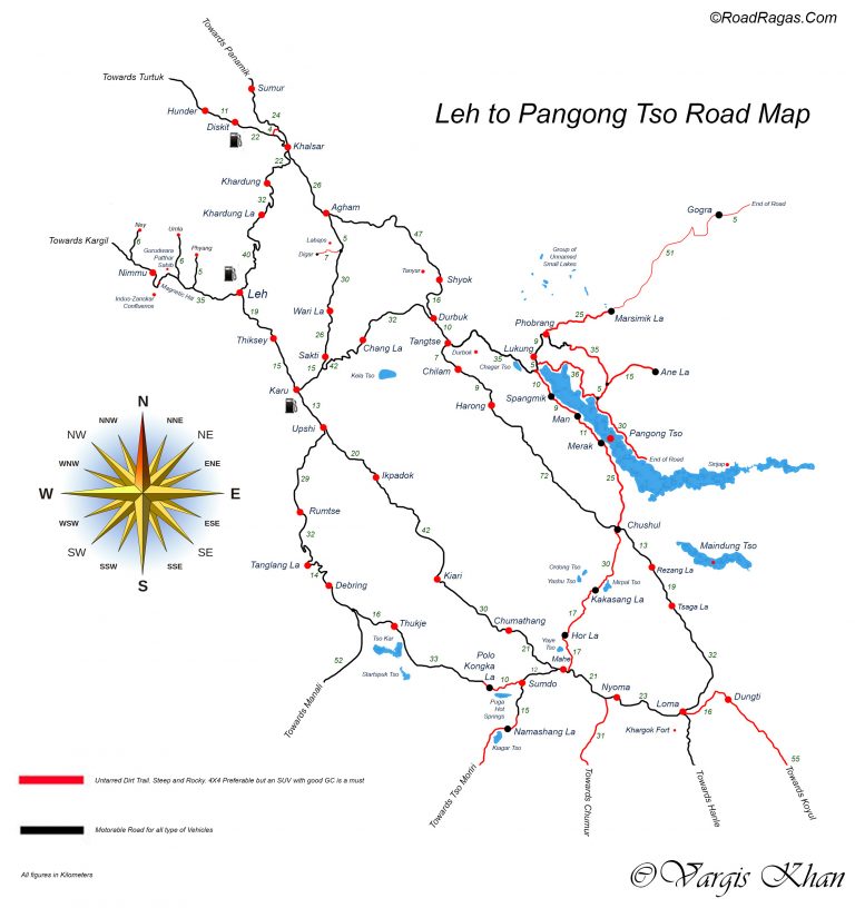 Leh To Pangong Tso Road Map With Distances - Vargis Khan