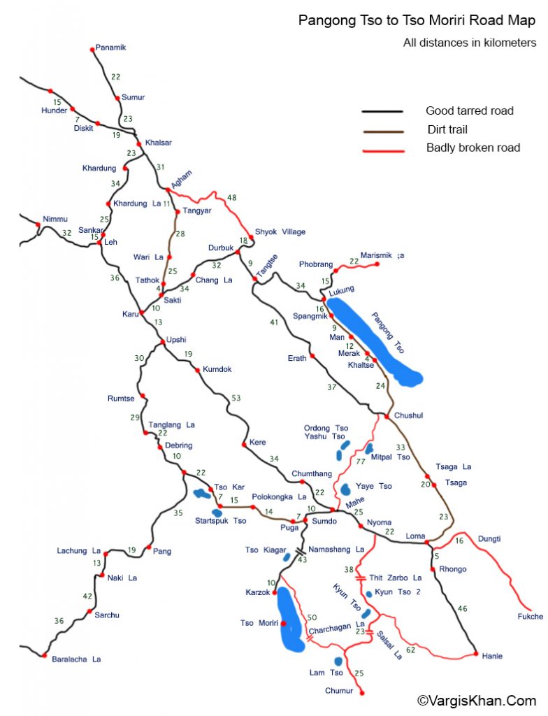 Pangong Tso to Tso Moriri Road Map With Distances - Vargis Khan