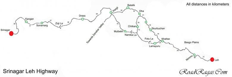Srinagar to Leh Road Map With Distances - Vargis Khan