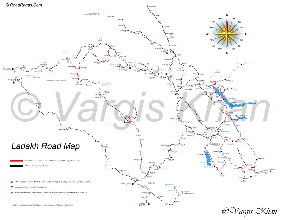 Leh Ladakh Road Map - Detailed Road Map of Ladakh - Vargis Khan