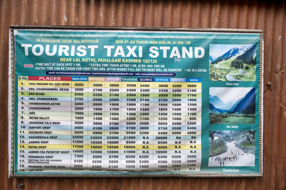 Taxi Rates in Pahalgam - Pahalgam Local Taxi Rates - Vargis Khan